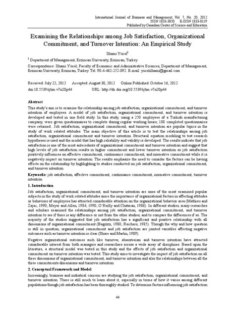 Examining The Relationships Among Job Satisfaction Organizational Commitment And Turnover