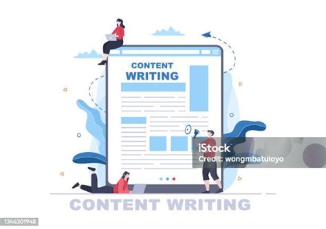 콘텐츠 작가 또는 저널리스트 배경 벡터 일러스트레이션 복사 쓰기 연구 개발 아이디어 및 플랫 스타일소설 또는 책 스크립트 광고에 대한 스톡 벡터 아트 및 기타 이미지