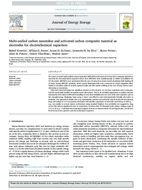Pdf Multi Walled Carbon Nanotubes And Activated Carbon Composite Material As Electrodes For