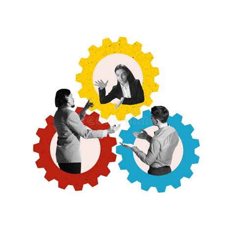 Three Business People Interacting Inside Colorful Gears Symbolizing Teamwork Collaboration