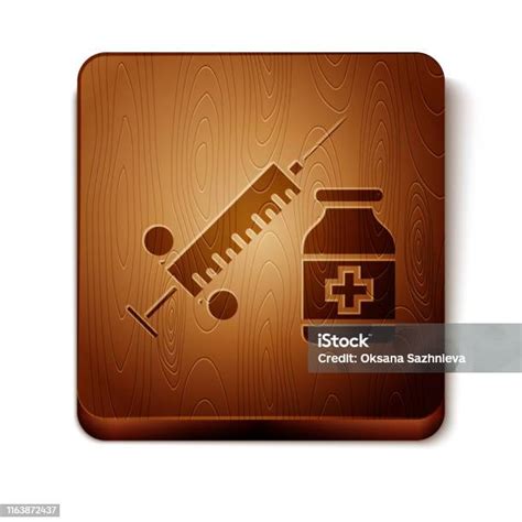 흰색 배경에 분리 바늘과 바이알 또는 앰플 아이콘 갈색 의료 주사기 예방 접종 주사 백신 인슐린 개념 나무 사각형 버튼입니다 벡터 일러스트레이션 0명에 대한 스톡 벡터 아트