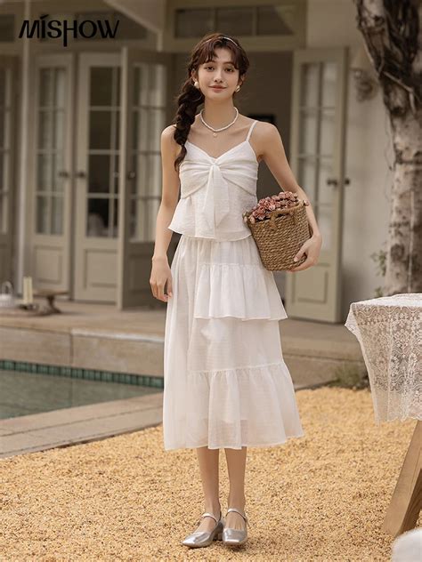 Mishow 플리티드 비대칭 스커트 보우 캐미솔 탑 여성 2023 봄 여름 솔리드 하이 웨이스트 알린 스커트 시크 조끼 Mxc11b0602 Aliexpress