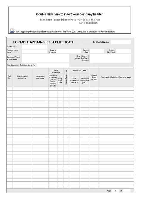 Pat Testing Record Sheet Template Williamson