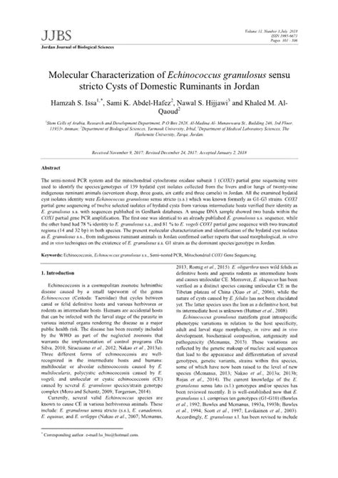 Molecular Characterization Of Echinococcus Granulosus Sensu Stricto Cysts Of Domestic Ruminants