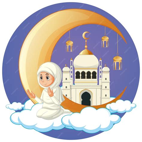 Arabisches Muslimisches Mädchen Das Mit Halbmond Betet Kostenlose Vektor