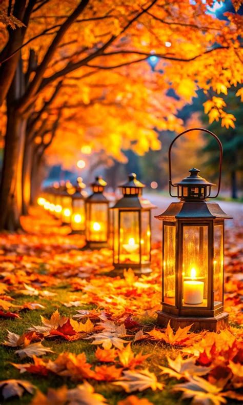 Glowing Lanterns Lighting Up The Autumn Night Autumn Town Background