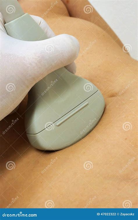 Abdominal USG Convex Probe In Left Hand Scanning Female Stomach Stock Photo Image Of Female