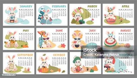 매월 달력 2023 다른 계절에 귀여운 토끼와 수평 플래너 새해의 상징으로 만화 캐릭터 토끼 주가 일요일에 시작됩니다 벡터 플랫 일러스트 레이 션 2023년에 대한 스톡