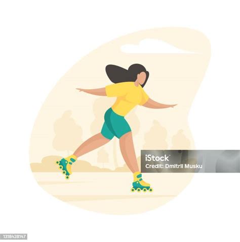 스포티 한 소녀 롤러 블레이드 젊은 여자 유쾌 하 게 여름 공원 휠 스케이트를 통해 돌진 인라인 스케이팅에 대한 스톡 벡터 아트 및 기타 이미지 인라인 스케이팅