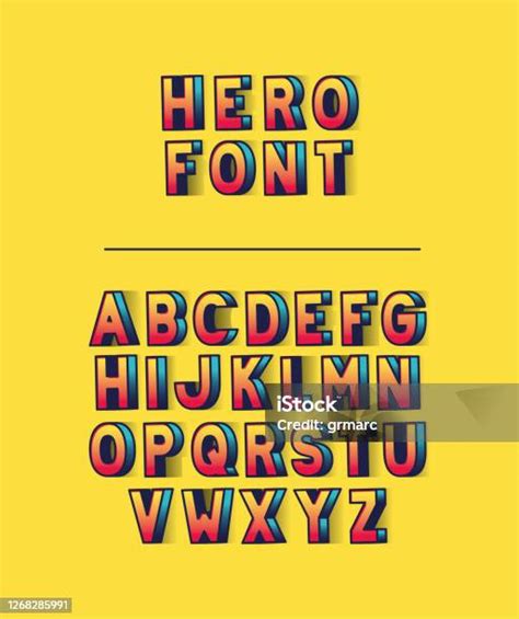 노란색 배경 벡터 디자인에 알파벳이 있는 영웅 글꼴 글꼴 3차원 형태에 대한 스톡 벡터 아트 및 기타 이미지 3차원 형태 노랑 만화 Istock