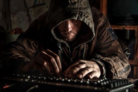A Man Wearing A Hooded Jacket Typing Quickly On A Keyboard A Hacker A Man Wearing A Hooded Jacket Typing Quickly On A Keyboard A Hacker