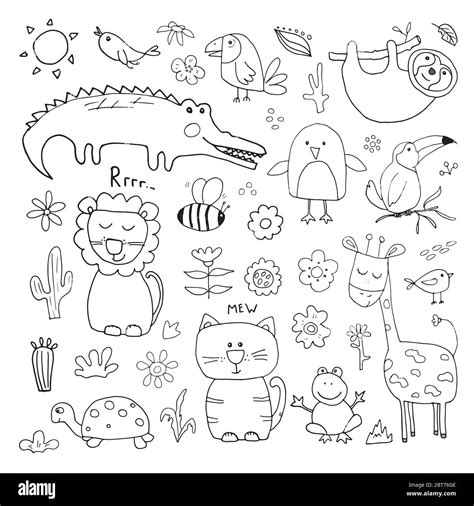 Animal Doodles Set Cute Animals Sketch Hand Drawn Cartoon Vector