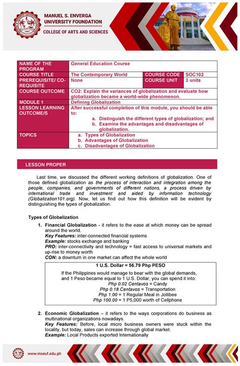 Module 2 Types Of Globalization COLLEGE OF ARTS AND SCIENCES NAME OF THE PROGRAM General