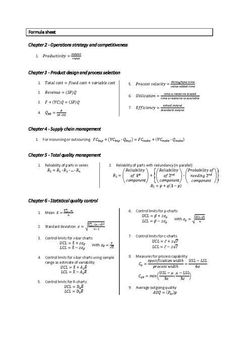 Formula Sheet Zscore Ddd Formula Sheet Chapter 2 Operations Strategy And Competitiveness