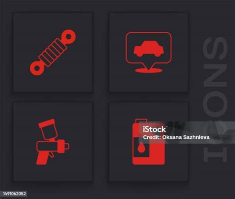 모터 오일 쇼크 업소버 자동차 서비스 및 페인트 스프레이 건 아이콘에 대한 캐니스터를 설정합니다 벡터 검은색에 대한 스톡 벡터 아트 및 기타 이미지 Istock