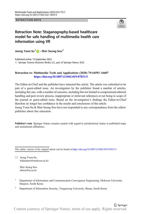 Retraction Note Staganography Based Healthcare Model For Safe Handling Of Multimedia Health