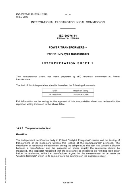 Iec 60076 11 2018 Ish1 2020 Interpretation Sheet 1 Power Transformers Part 11 Dry Type