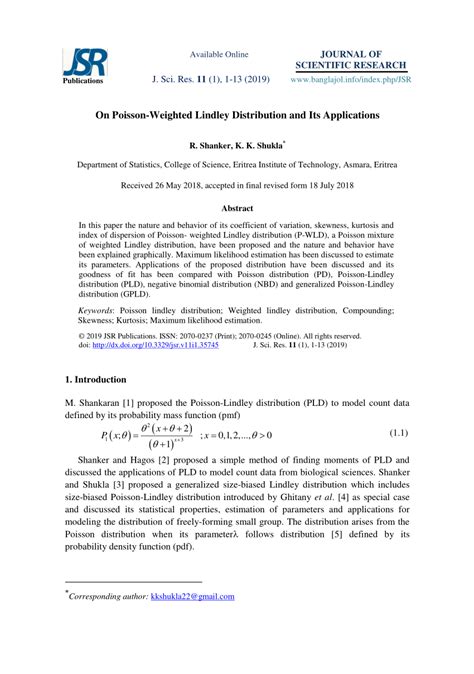 Pdf On Poisson Weighted Lindley Distribution And Its Applications