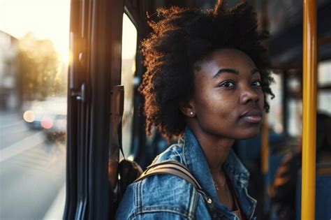 Premium Photo African American Woman Getting On Bus Going To Workschool
