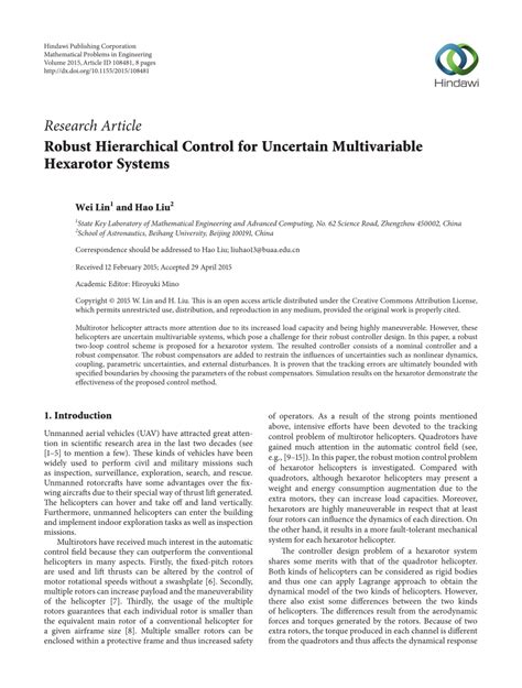pdf robust hierarchical control for uncertain multivariable hexarotor