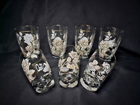 Vintage Set Of 7 Libbey Rose Bouquet Glasses With 2 Bonus Rose And Ribbon Glasses Etsy