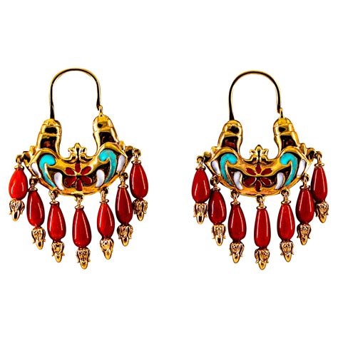 Art Deco Mediterranean Red Coral Yellow Gold Stud Dangle Earrings At