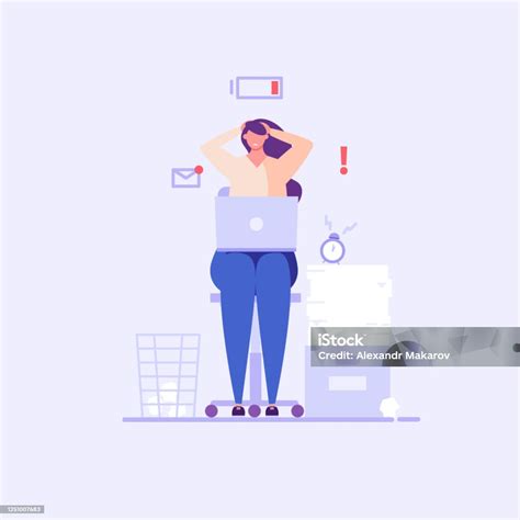 노트북과 함께 앉아 여자 아니 활력 피곤한 사람들 스트레스와 정서적 소진 낮은 에너지 좌절한 노동자 비효율성의 개념 플랫 디자인의 벡터 일러스트레이션 갇힌에 대한 스톡 벡터