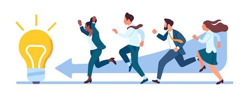 기업인들이 문제를 해결하기 위해 달리고 있습니다 팀워크 경쟁 기업가 리더십 직원 성과 사업가 램프 전구 혁신 아이디어 벡터
