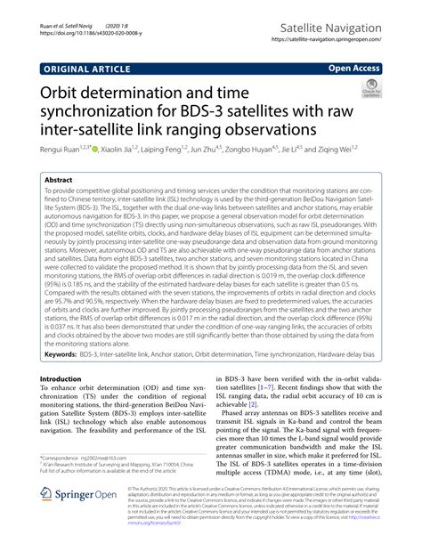 Pdf Orbit Determination And Time Synchronization For Bds 3 Satellites With Raw Inter Satellite