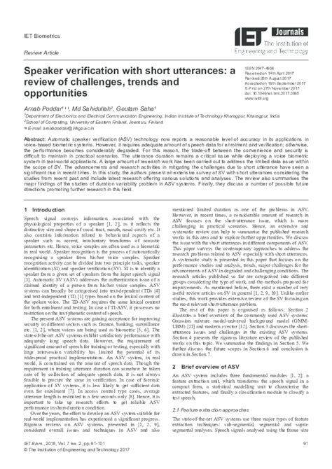 Pdf Speaker Verification With Short Utterances A Review Of Challenges Trends And