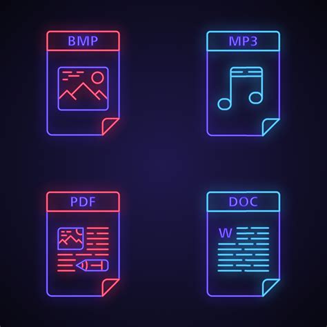 Files Format Neon Light Icons Set Image Audio Files Text Documents