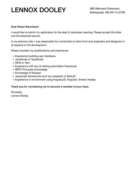 lead ui developer cover letter velvet jobs