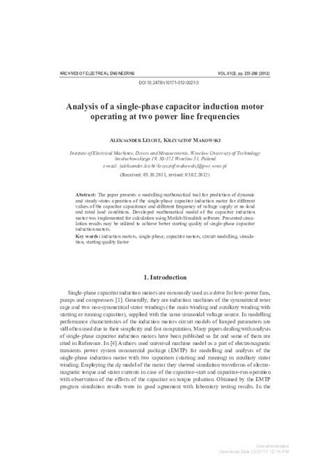 Pdf Analysis Of A Single Phase Capacitor Induction Motor Operating At