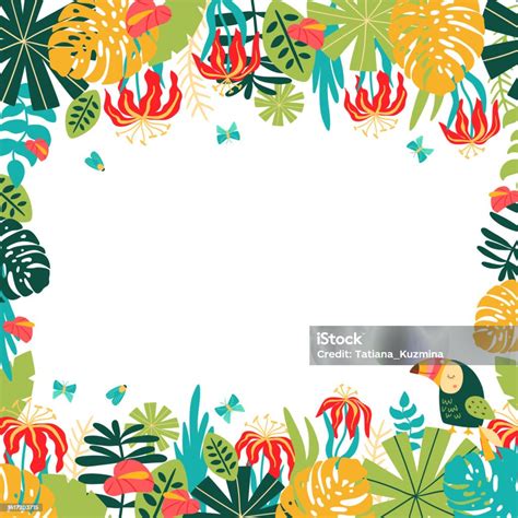 사파리 프레임 정글 꽃 프레임 열대 잎 야자수 잎 프레임 자연 배경 정글 열대 꽃 괴물 잎이있는 밝은 열대 우림 카드 벡터