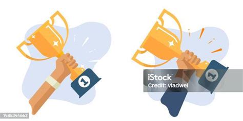 트로피 골드 컵 핸드 벡터 성공 우승자 그래픽 일러스트레이션 플랫 만화 아이콘 스포츠맨과 사업가 황금 잔 최우수 수상 보상 1위 대회 이미지 클립아트 상에 대한 스톡 벡터