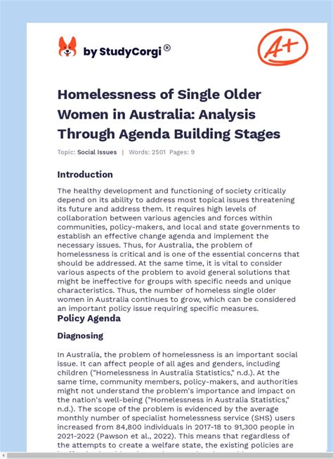 Homelessness Of Single Older Women In Australia Analysis Through Agenda Building Stages Free