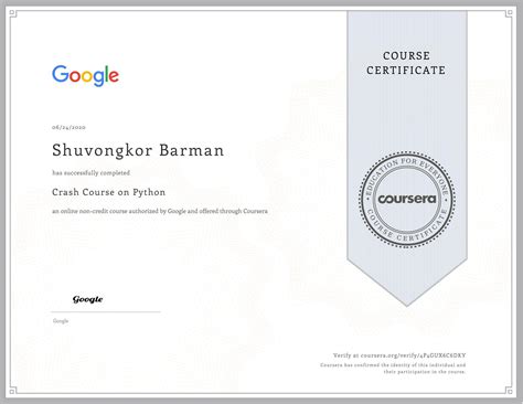 My Crash Course On Python Certificate Shuvongkor Barman