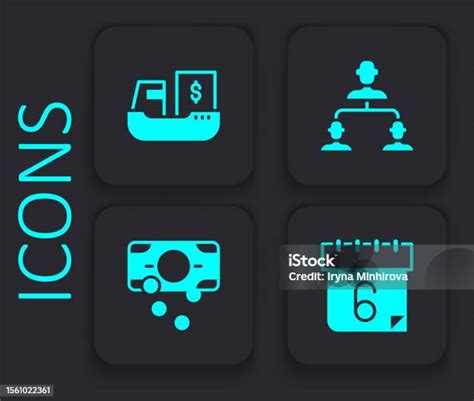 달력 상자 배달이 있는 화물선 직원 계층 구조 및 스택 지폐 현금 아이콘을 설정합니다 검은색 사각형 버튼입니다 벡터 개념에 대한