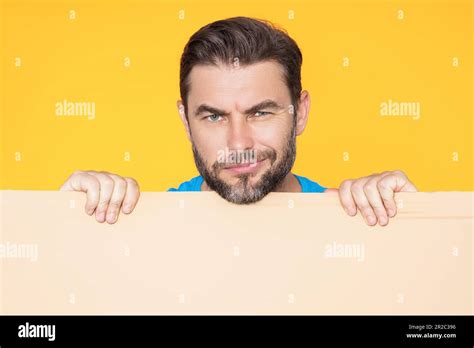 Serious Man Holding Empty Board Successful Man Showing Blank Signboard With Copyspace Idea And