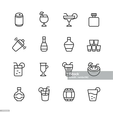 음료 및 알코올 라인 아이콘 편집 가능한 스트로크입니다 픽셀 완벽한 모바일 및 웹용 캔 비치 드링크 칵테일 플라스크 셰이커 보드카 위스키 샴페인 와인 주스 모히토 코코넛