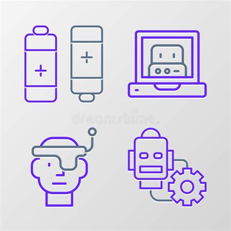 Set Line Robot Setting Smart Glasses Creating Robot And Battery Icon Vector Stock Vector