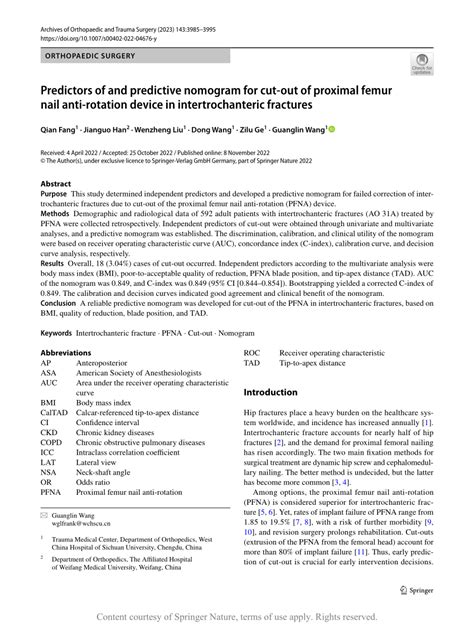 Predictors Of And Predictive Nomogram For Cut Out Of Proximal Femur Nail Anti Rotation Device In