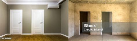 아파트 리노베이션 공사 전후에 방의 비교 회반죽 및 그려진 벽 화이트 도어와 오크 나무 바닥 새 집 인테리어 부동산 개발 개념입니다 0명에 대한 스톡 사진 및 기타 이미지