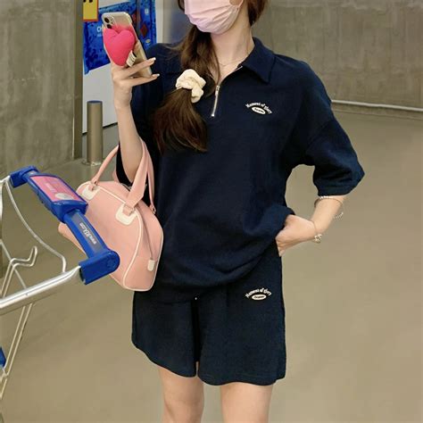 스타일아유 스타일아유 여름 여성 코튼 카라 반팔티 반바지 캐주얼 투피스 Set 트레이닝 세트 홈웨어 운동복 추리닝a3g5se1205