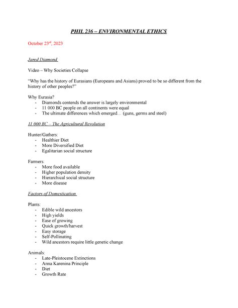 Phil 236 Lecture 11 Phil 236 Environmental Ethics October 23rd 2023 Jared Diamond Video