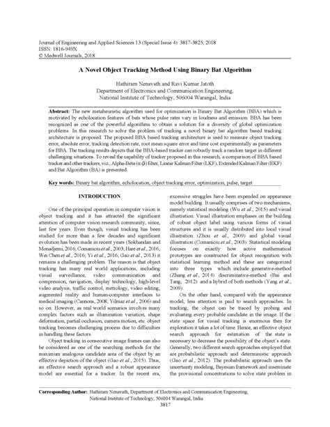 Pdf 4a Novel Object Tracking Method Using Binary Bat Algorithm
