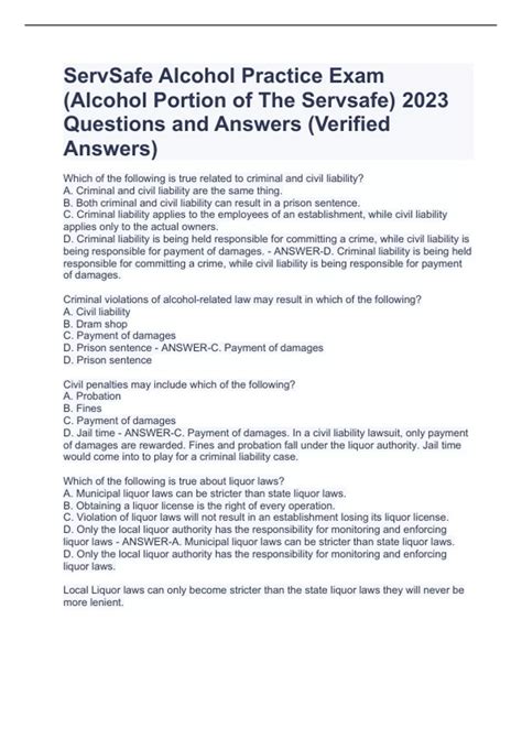 ServSafe Alcohol Practice Exam Alcohol Portion Of The Servsafe Questions And Answers