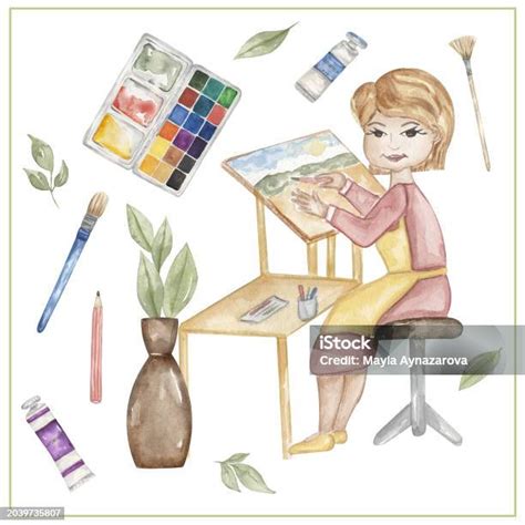 수채화 아티스트 클립 아트 손으로 그린 그림 일러스트 레이터 작업 아이 학교 카드 클립 아트 교육 직업과 귀여운 어린이 그래픽 공예에 대한 스톡 벡터 아트 및 기타 이미지