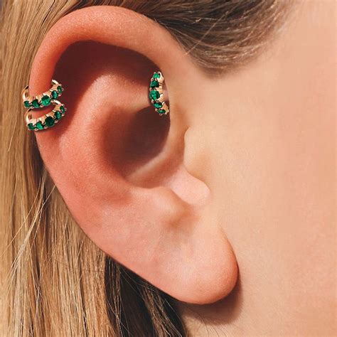 Cartilage Hoop Earringfive Emerald Design Earring14k Yellow Solid