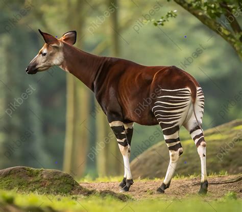 Okapi In Forest Striped Legs Deer Like Appearance Rare Species Of